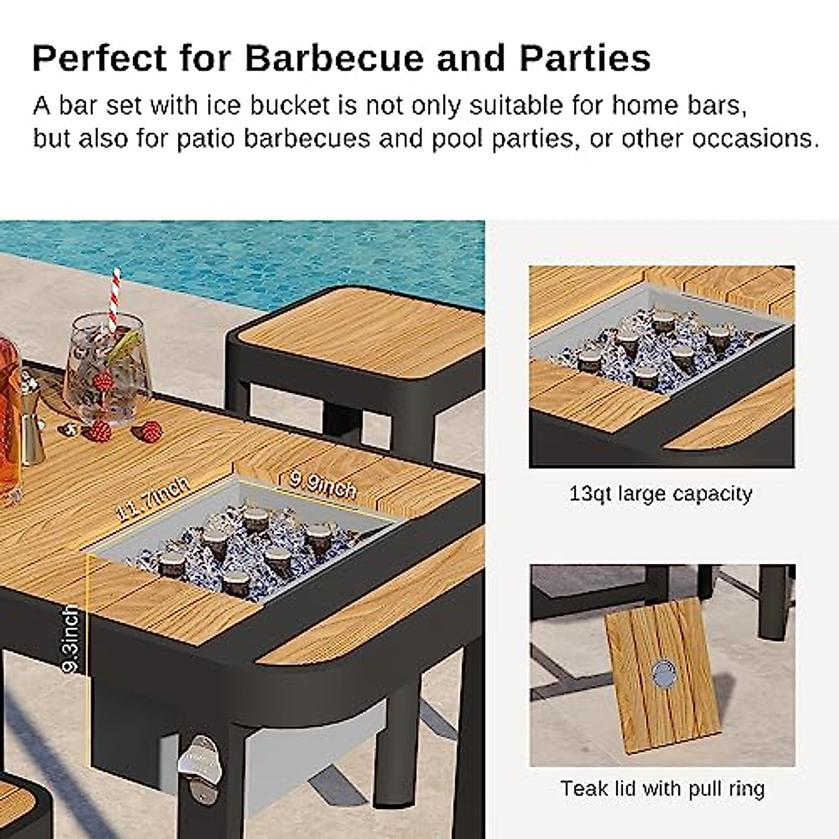 EAST OAK Signature 3-Piece Outdoor Bar Set, Patio Table with Teak Wood and Aluminum, Outdoor Patio Furniture for 2, Outdoor High Top Table and Chairs Set for Backyard, Garden and Pool, Dark Grey