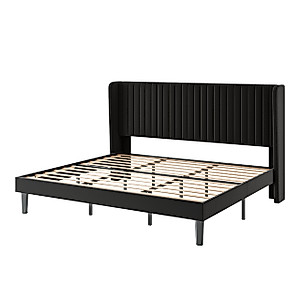 SHA CERLIN King Size Velvet Bed Frame with Vertical Channel Tufted Wingback Headboard, Upholstered Platform Bed with Wood Slats, No Box Spring Needed, Easy Assembly, Black