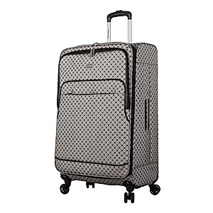 Steve Madden Designer Luggage - Checked Large 28 Inch Softside Suitcase - Expandable for Extra Packing Capacity - Lightweight Bag with Rolling Spinner Wheels (Noble Black/Grey, 28in)