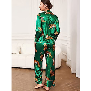 WDIRARA Women's Sleepwear Striped Satin Short Sleeve Shirt and Pants Pajama Set Green Tiger L
