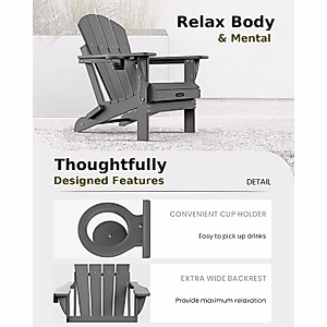 MUCHENGHY Outdoor Folding Adirondack Chair Weather Resistant Patio Chair with Cup Holder for Outside, Deck, Lawn, Backyard, Garden, Fire Pit, Campfire Lounger(Gray)