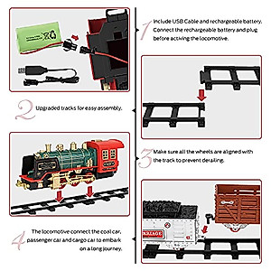 Mini Tudou Christmas Electric Train Set w/Steam, Sound & Light, Remote Control Train Toys w/Steam Locomotive Engine, Cargo Cars & Tracks, Toy Train w/Rechargeable Battery for Kids Boys 3+ Year Old