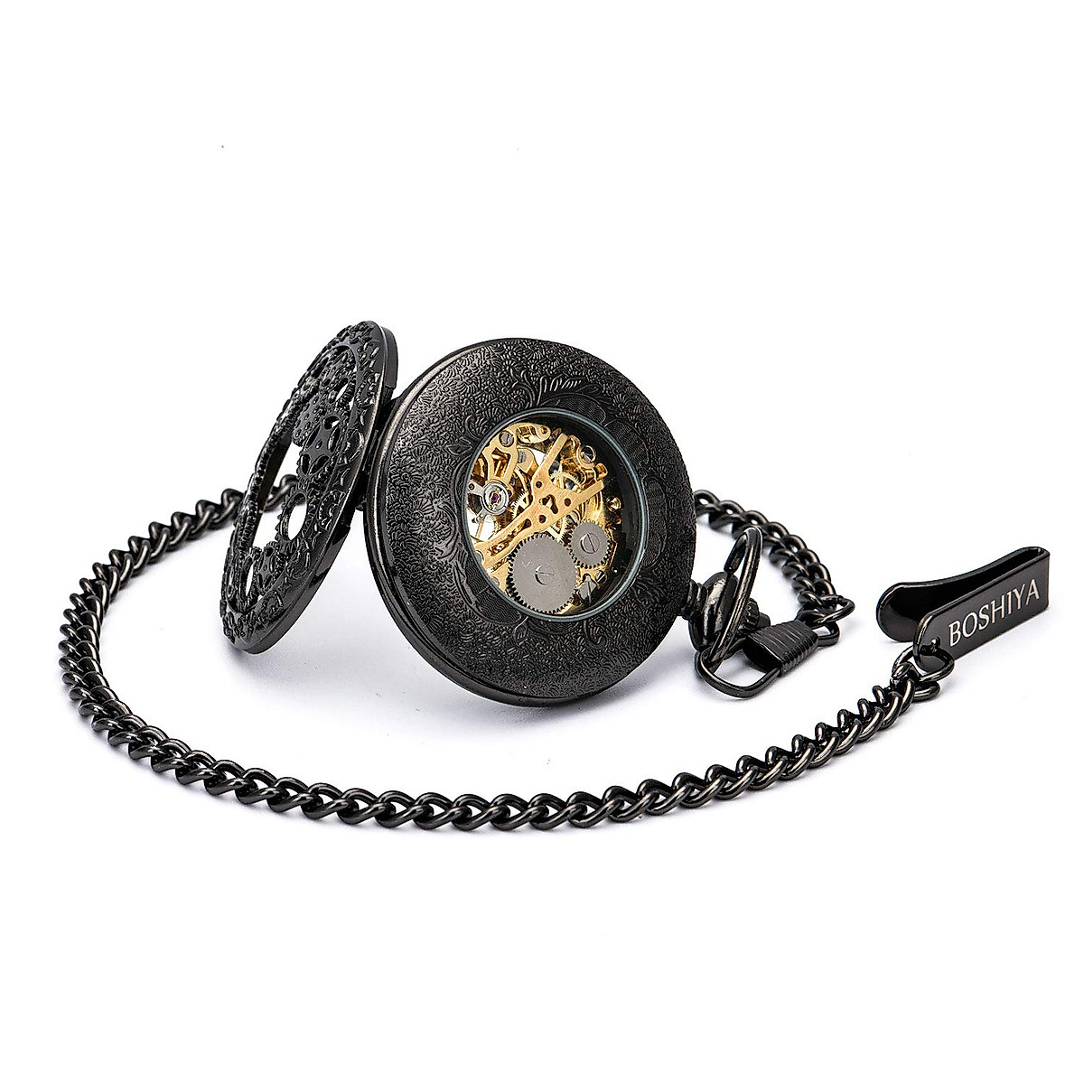 BOSHIYA Mechanical Pocket Watch Luminous Steampunk Vintage Pocket Watch/with Chains/Hand Wind Up/Black Skeleton/Dial Roman Numberals