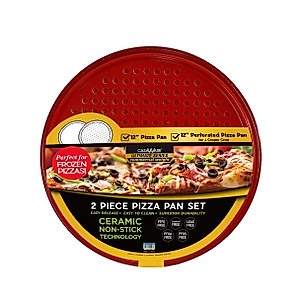 casaWare 2pc Ultimate Pizza Pan Set, (1) Ceramic Coated NonStick 12-inch Pizza Pan, (1) 12-inch Ceramic Coated NonStick Perforated Pizza Pan (Red Granite)