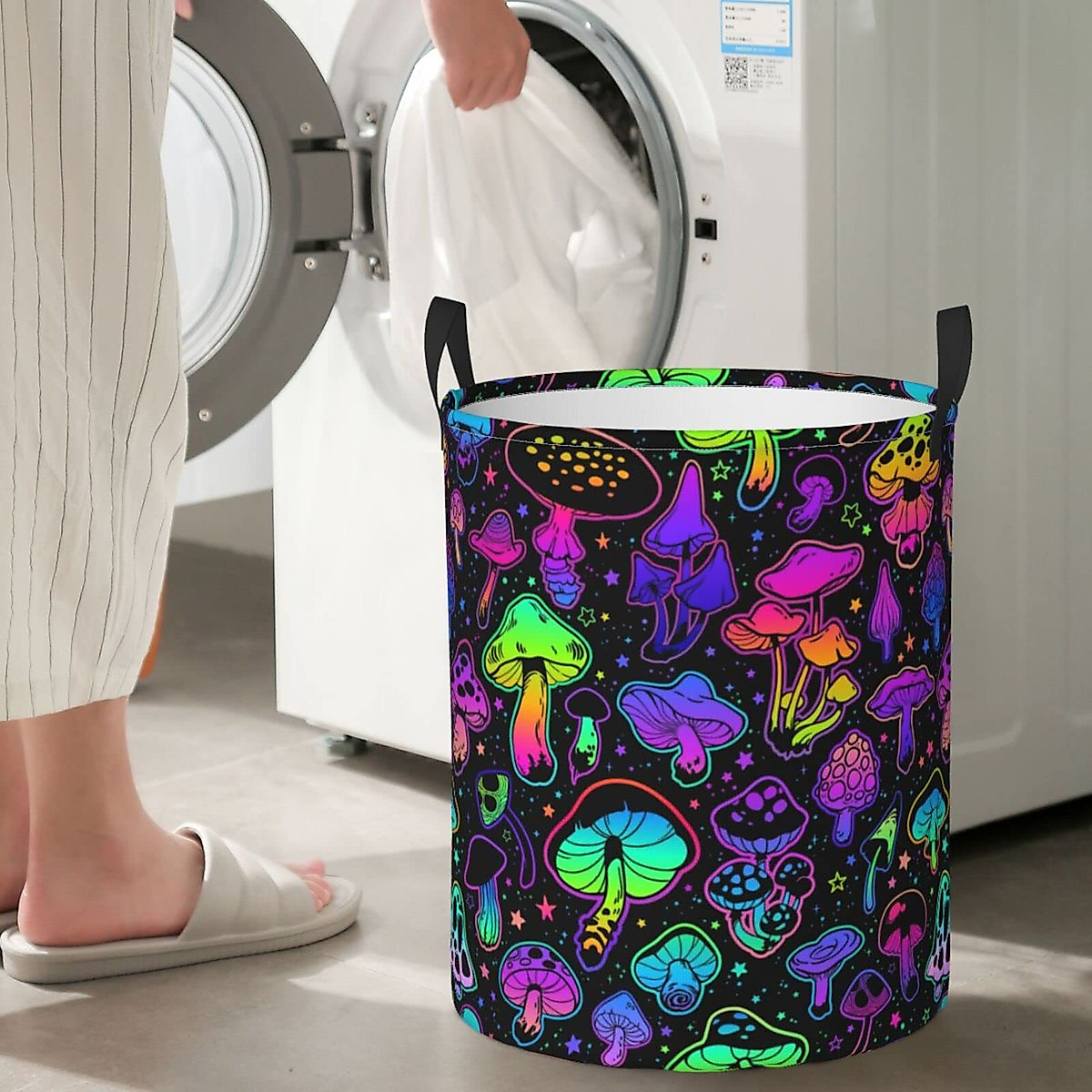 Foruidea Trippy Neon Shroom Mushroom Laundry Basket,Laundry Hamper,Collapsible Storage Bin, Oxford Fabric Clothes Baskets,Nursery Hamper For Home,Office,Dorm,Gift Basket