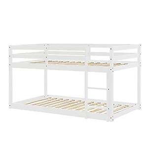 Senviy Twin Over Twin Floor Bunk Bed with and Guardrail,Wooden Bed Frame for Girls and Boys for Bedroom,No Spring Box Needed (White)