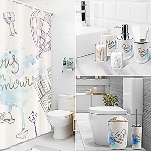 Bathroom Accessories Set Complete with Paris Tower Shower Curtain,9 Piece Bathroom Sets with Toothbrush Holder,Toothbrush Cup,Lotion Soap Dispenser,Soap Dish,Toilet Brush,Trash Can,Qtip Holder
