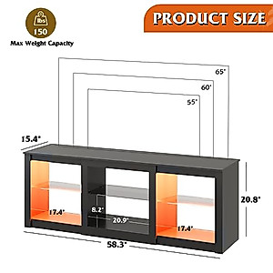 WLIVE TV Stand with LED Lights for TVs up to 65 inch, Entertainment Center with Glass Shelves, Modern TV Console for Living Room, Media Console with Storage, Black