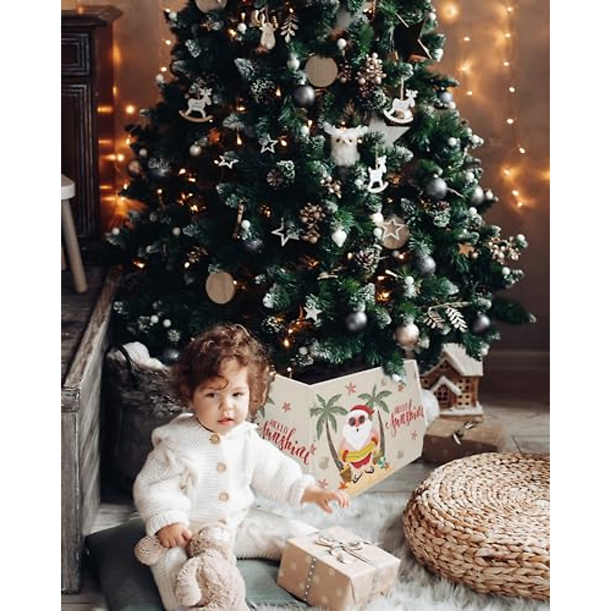 Christmas Santa Christmas Tree Collars for Artificial Trees,Christmas Tree Ring Xmas Tree Base Stand Cover Tree Skirts for Xmas Tree Decorations Holiday Summer Tropical Beach Palm Tree 14.5" x 10"