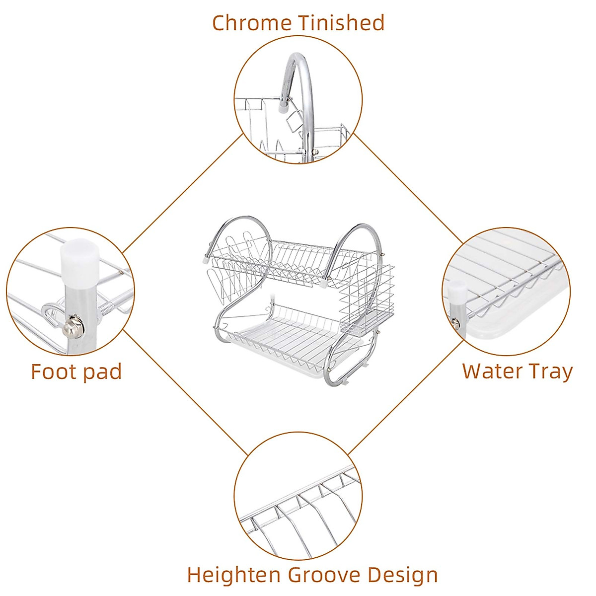 Guangshuohui Dish Drying Rack and Drainboard Set, 2 Tier Large Stainless Steel Sink Organizer Dish Racks with Cups Holder, Utensil Holder, Dish Strainer Shelf for Kitchen Counter