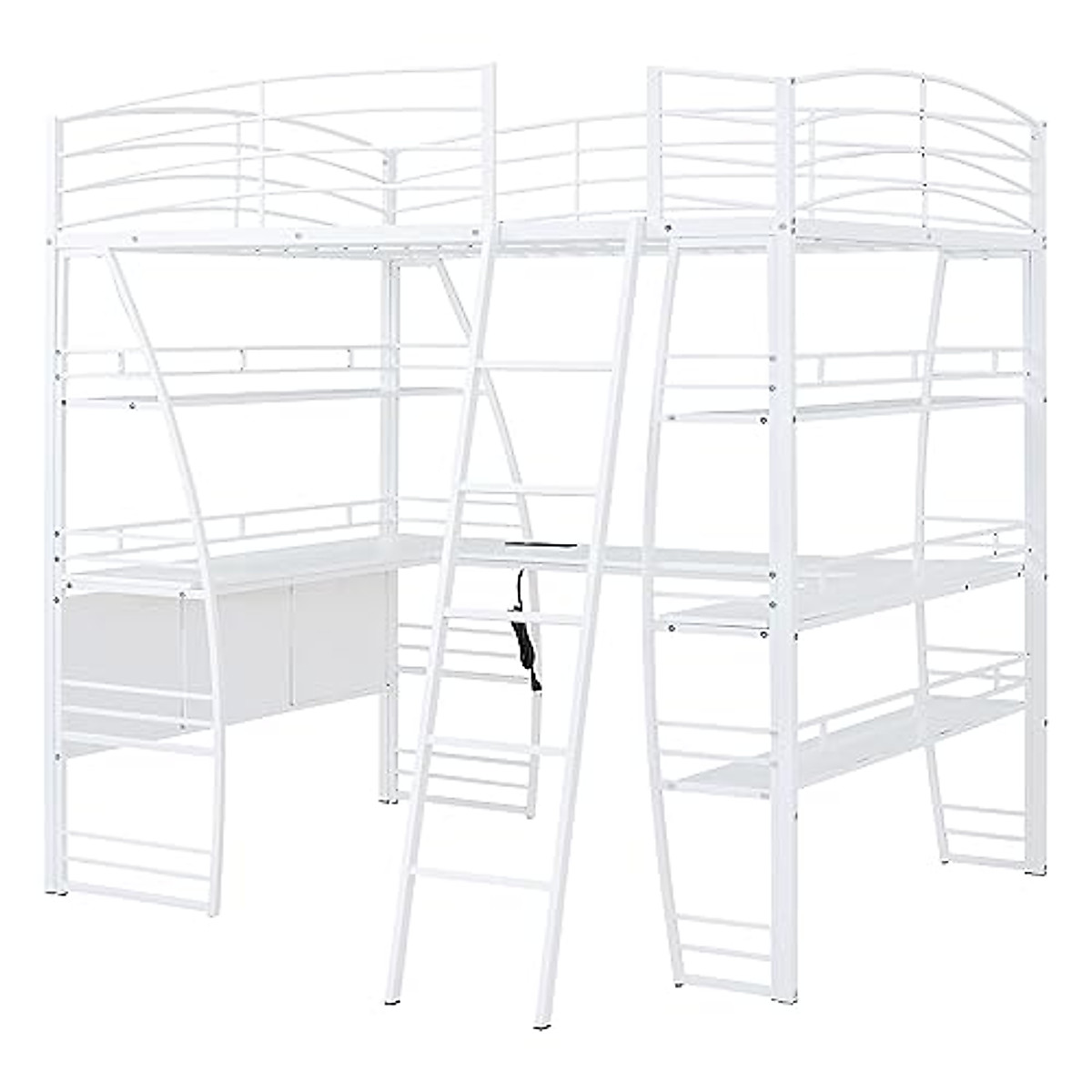 HAUSHECK Full Size Loft Bed with L-Shaped Desk & 4-Tier Open Shelves & Sockets & USB Ports & Wireless Charging Design, Sturdy Metal Bedframe w/Ladder & Safety Guardrails for Kids Teens Adults