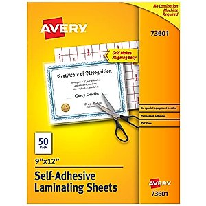 Avery 73601 Self-Adhesive Laminating Sheets, 9 x 12 Inch, Permanent Adhesive, 50 Clear Laminating Sheets