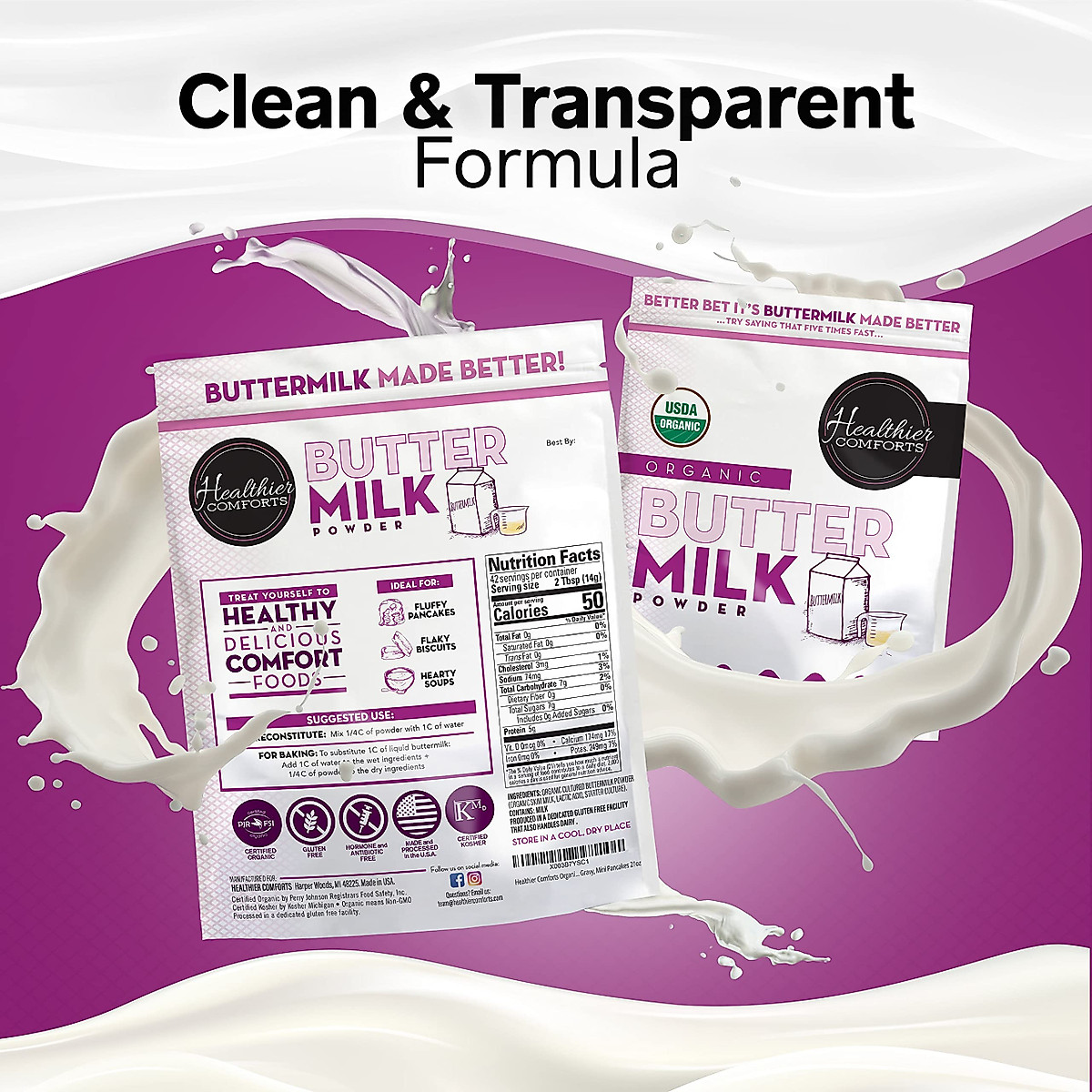 Healthier Comforts Organic Buttermilk Powder | USDA Certified Organic Powdered Buttermilk, Kosher, Gluten Free, Non-GMO | Dry Buttermilk Powder for Baking Supplies, Biscuits & Gravy, Mini Pancakes 21oz