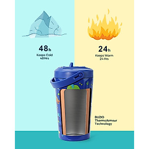 BUZIO Insulated Water Bottle for Kids (2 Pack), Modern Vacuum Insulated Hydro Bottle Leak-proof with Straw Lids, 14oz Double Walled Wide Mouth Sports Drink Flask, Blue Dinosaur
