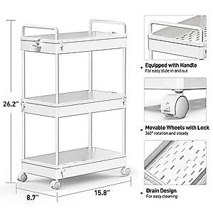 SOLEJAZZ Rolling Storage Cart, 3 Tier Utility Cart Mobile Slide Out Organizer, Bathroom Standing Rack Shelving Unit Organizer for Kitchen, Bathroom, Laundry Room, White