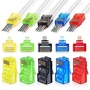 EMS RJ45 Cat6 Pass Through Connectors, Assorted Colors - Pack of 100 - EZ to Crimp Modular Plug for Solid or Stranded UTP Network Cable