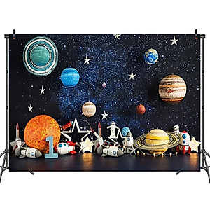 Outer Space Photography Backdrop Universe Planet Star Galaxy Astronaut Rocket Kids Birthday Party Decoration Boy Portrait Photo Background Birthday Party Cake Table Banner Vinyl,7x5ft