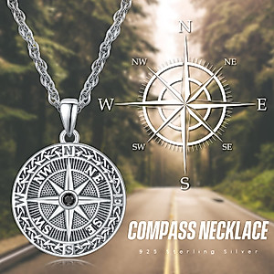 KINGWHYTE Compass Necklace 925 Sterling Silver Oxidized Retro Celtic Jewellery Compass Birthday Gifts for Men Women with Stainless Steel Chain 55cm