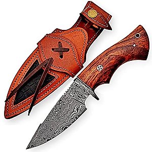 Hadi Enterprises-10" Handmade Damascus Hunting Knife with Leather Sheath - Ideal for Skinning, Camping, Outdoor -Fixed Blade Bushcraft Knife with Rose Wood Handle-(BT-001)