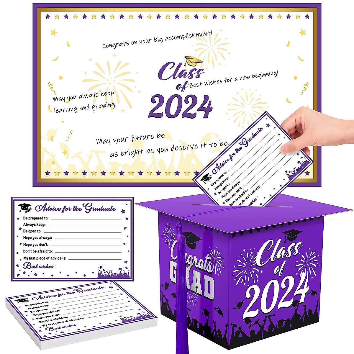 Graduation Decorations Class of 2024, Original Graduation Cap Shaped Card Box with Tassel, 60 PCS Grad Advice Cards and Guest Signature Board, Card Box for Graduation Party 2024, Graduation Box
