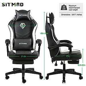SITMOD Gaming Chair with Footrest-PC Computer Ergonomic Video Game Chair-Backrest and Seat Height Adjustable Swivel Task Chair for Adults with Headrest and Lumbar Support(Black-White)-PU Leather