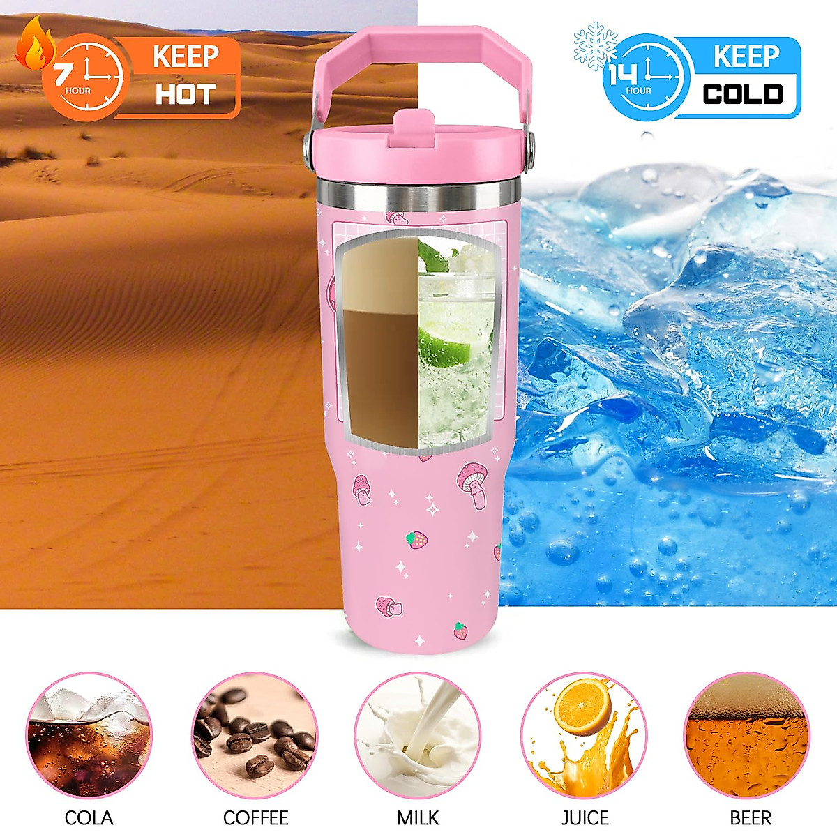 Unyopsa Frog Tumbler with Lid and Straw 30oz Flip Straw Mushroom Tumbler Glass Insulated Cute Frog Travel Mug with Handle Frog Gifts for Women