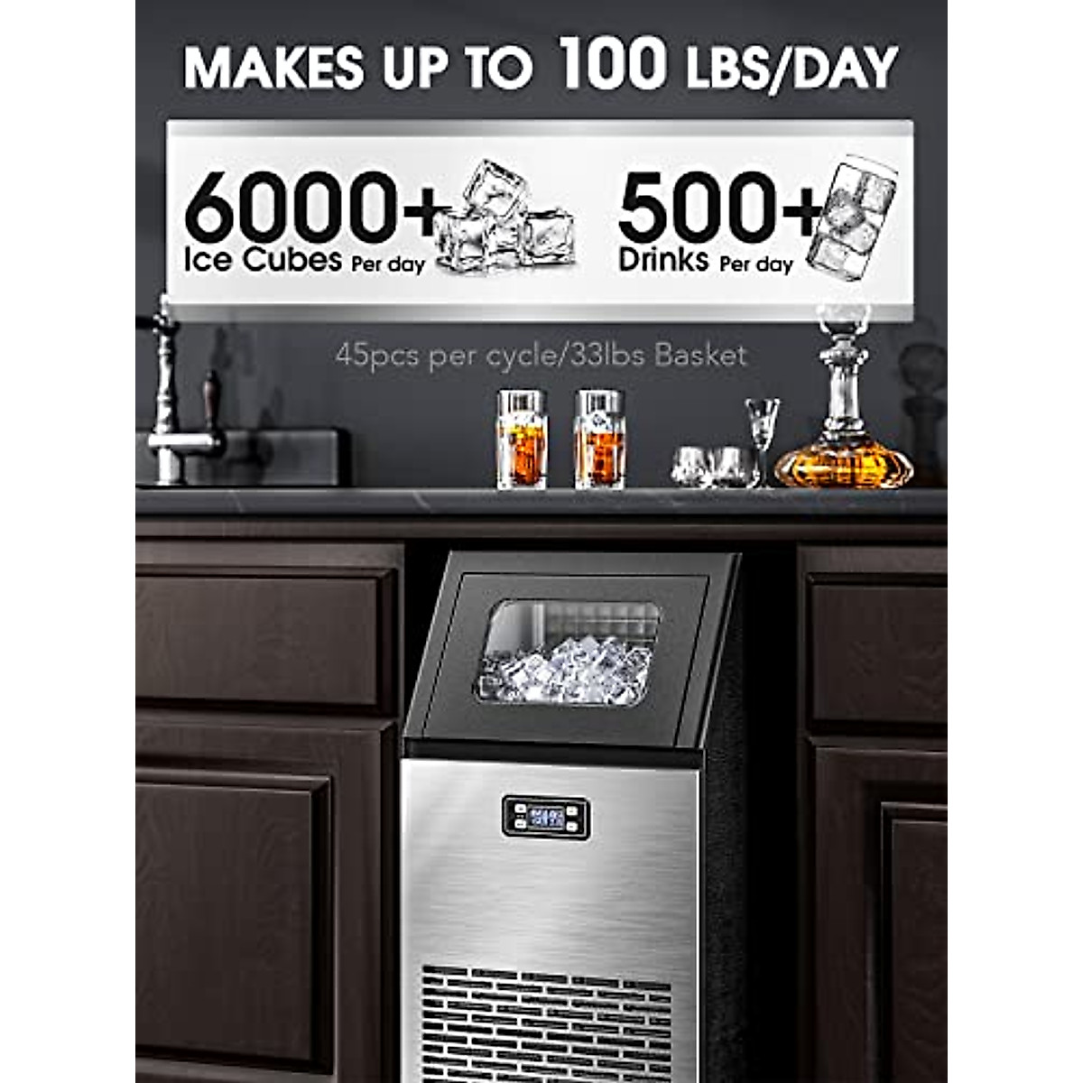 Joy Pebble Commercial Ice Maker Machine,100 lbs/day,33 lbs Basket,2-Way Add Water, Commercial Ice Machine with 7-Gear Ice Thickness,24 Hour Timer,Self Cleaning Ice Maker for Bar,Restaurant,Home,Office