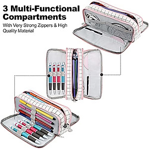 Chelory Big Capacity Pencil Case Large Storage Pencil Bag Pouch Marker 3 Compartment Stationery Pen Cases Holder for Adults Office Organizer Gifts (Plaid White)