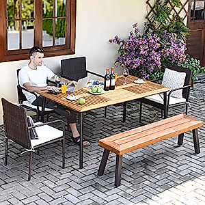 Tangkula Outdoor Acacia Wood Bench, Patio Dining Bench Picnic Bench with Steel Legs, Wooden Bench for Porch Garden Poolside Living Room Balcony, Ideal for Indoor & Outdoor Use (1, Teak)