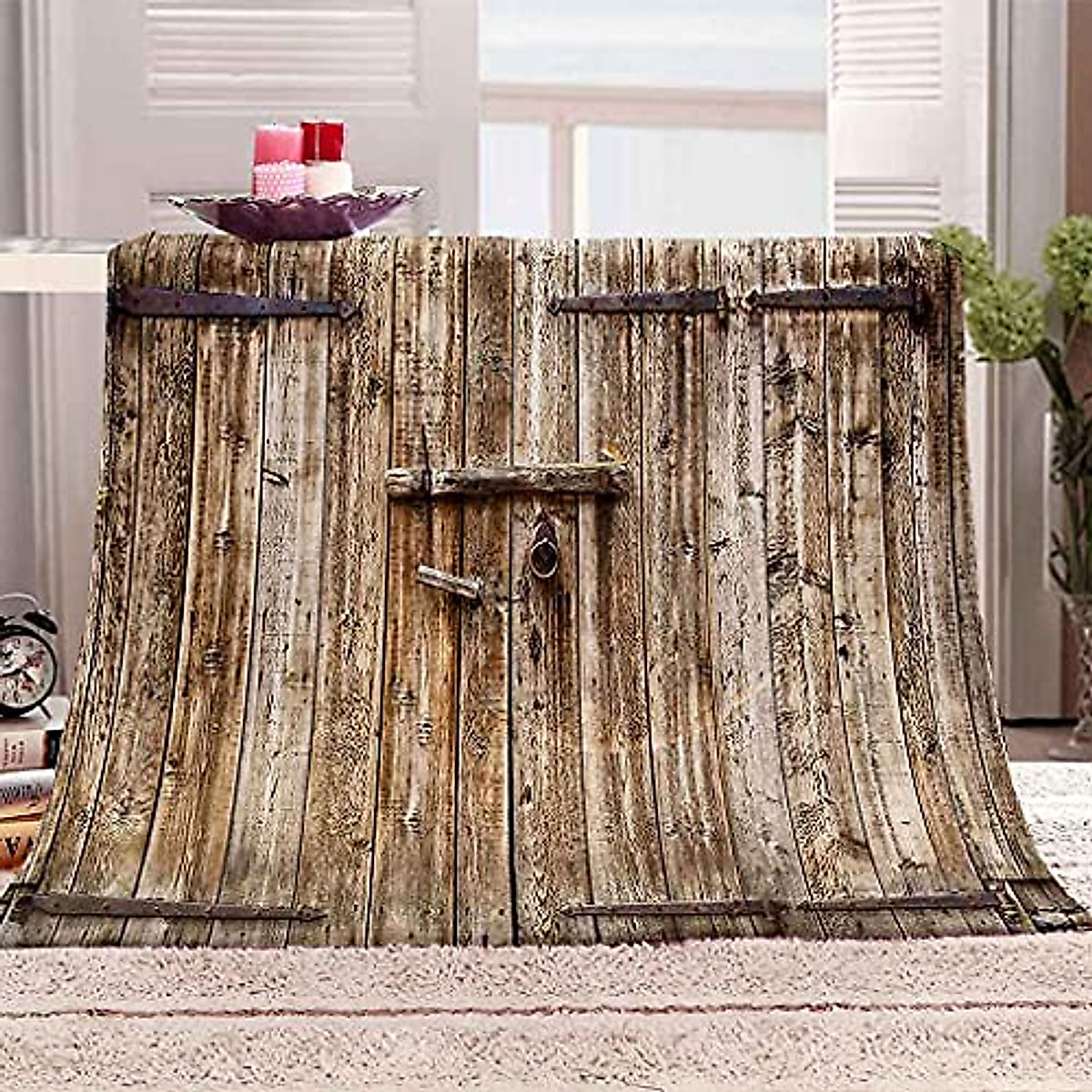 DALEM Soft Fleece Throw Blanket - Fluffy Microfiber Solid Blankets for Bed and Couch Double/Single Size - 59X79Inch Wooden Door Printed Flannel Blanket for Bed, Couch and Sofa