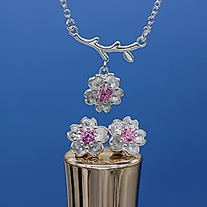 Uloveido Pink Cherry Flower Jewelry Set for Women - White Gold Plated Necklace and Earrings Set with Cubic Zirconia for Girls DT340