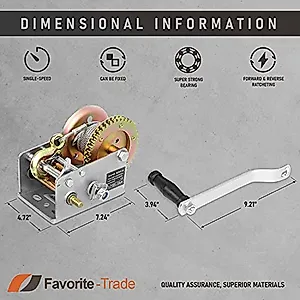 Trailer Winch – Durable Hand Crank – 3500 lbs Hand Winch with Cable + Mounting Plate and 5 Bolts