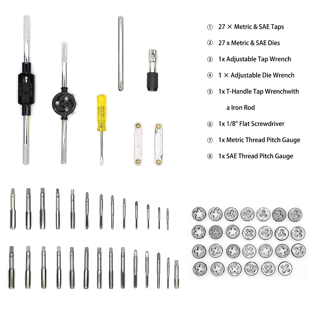 GMTOOLS 60PCS Tap and Die Set, Metric Standard Size M3 to M12, Threading Tool Set with Complete Accessories and Storage Case, Tap Die Kit for Threading and Rethreading Internal and External Threads
