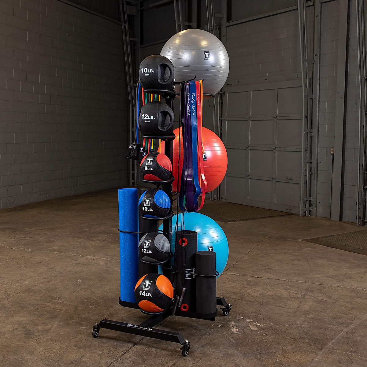 Body-Solid (GAR100) Compact Accessory Vertical Stand Rack for Organizing Medicine Balls, Weights Ball, Resistance Bands and Tubes, Jump Ropes, Foam Rollers, Yoga Mats, and more