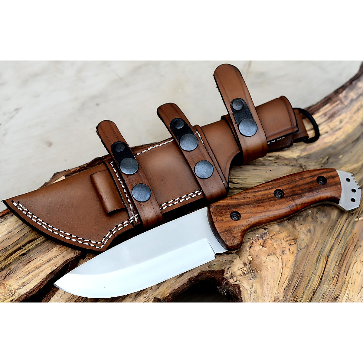 ALZAFASH Bushcraft Knife, Handmade Horizontal Carry Knife with Rosewood Handle, Hunting Knife with Holster, Tracker Knife With Sheath, High Carbon Steel Blade Knife