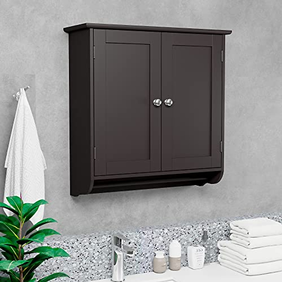 MOIDEI Bathroom Cabinet with Towel Bar, Over The Toilet Storage Cabinet, Black Wall Cabinet with Adjustable Shelf, 23.6"x8.3"x24.4" MDF Medicine Cabinet, 2 Doors Wood Cabinet for Kitchen,Laundry Room