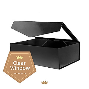PACKQUEEN Large Black Gift Box with Window, 13.5x9x4.1 Inches Clear Gift Box for Present Contains Ribbon, Card, Groomsman Proposal Box, Extra Large Gift Box with Magnetic Lid (Glossy Black)