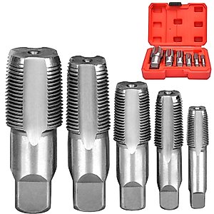 NPT Thread Forming Taps - 5 Pieces 1/8", 1/4", 3/8", 1/2", 3/4" Pipe Taps Set with Storage Box Drill Bits for Cleaning or Re-thread Damaged or Jam Pipe Threads, High-speed Steel Material
