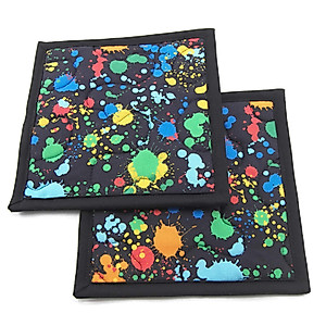 Colorful Hot Pads, Quilted Pot Holders - Color Splatters on Black Set of Two - 8 Inch Square
