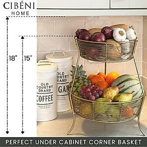 CIBENI Gold Fruit Basket Stand - 13" x 15"H Handcrafted 2 Tier Fruit Basket for Kitchen Counter Fruit Holder for Kitchen Countertop - Gold
