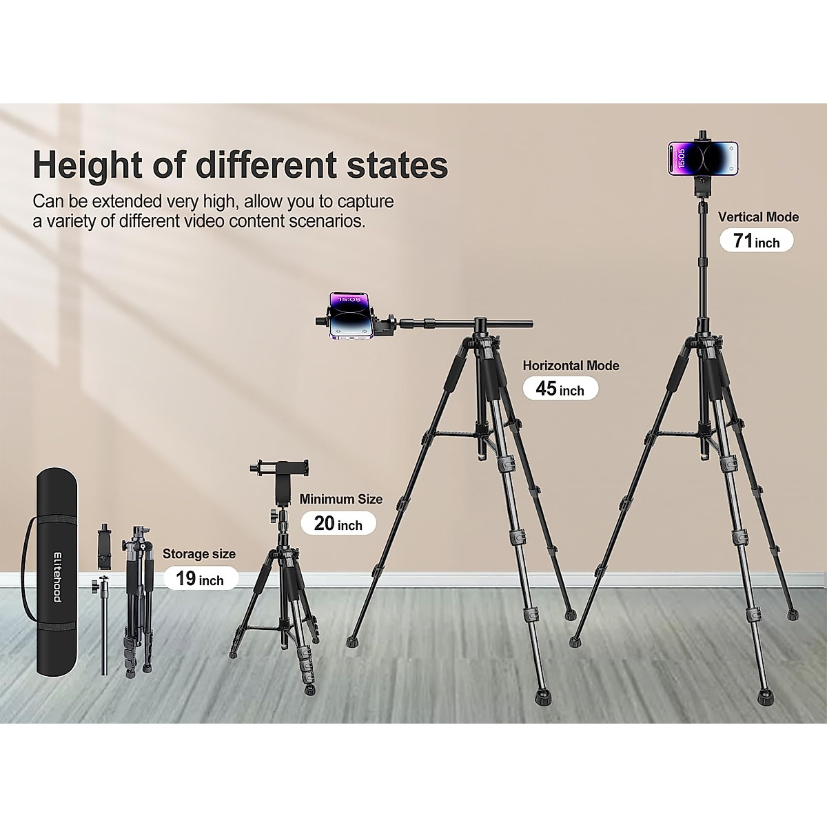 Elitehood Newest Ultra-Stable Overhead Tripod for iPhone – Heavy Duty Aluminum Tripod & 25in Horizontal Long Phone Arm, Tall Phone Stand Mount for Recording, 360°Adjustable iPhone Tripod Stand