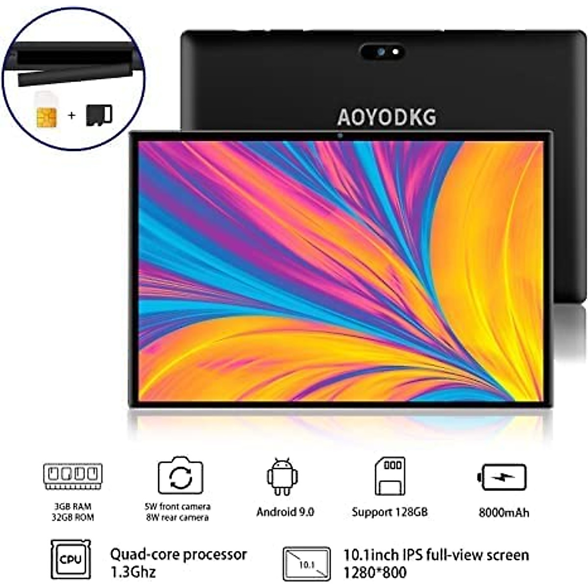 AOYODKG Tablet 10 Inch, Android Tablets, 8000mAh Battery, 3GB RAM 32GB ROM 128GB Expand, 1280 * 800 HD IPS, WiFi, Bluetooth, Dual Camera, GPS,Tablet PC (Black)