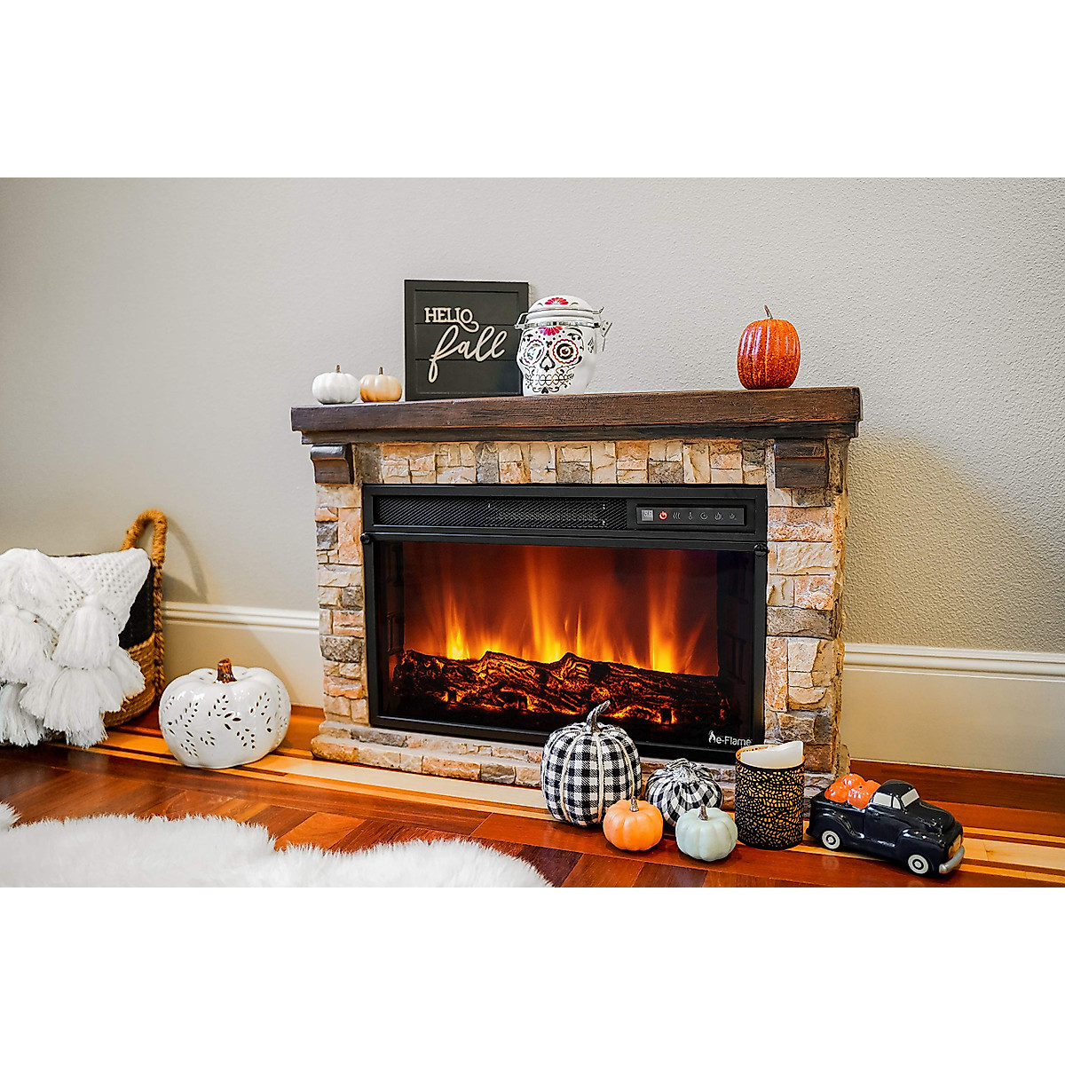 e-Flame USA Telluride Small LED Electric Fireplace Stove with Faux Wood and Stone Mantel - Remote - 3D Log and Fire - Improved Packaging for 2022, 33" Wide x 22" Tall