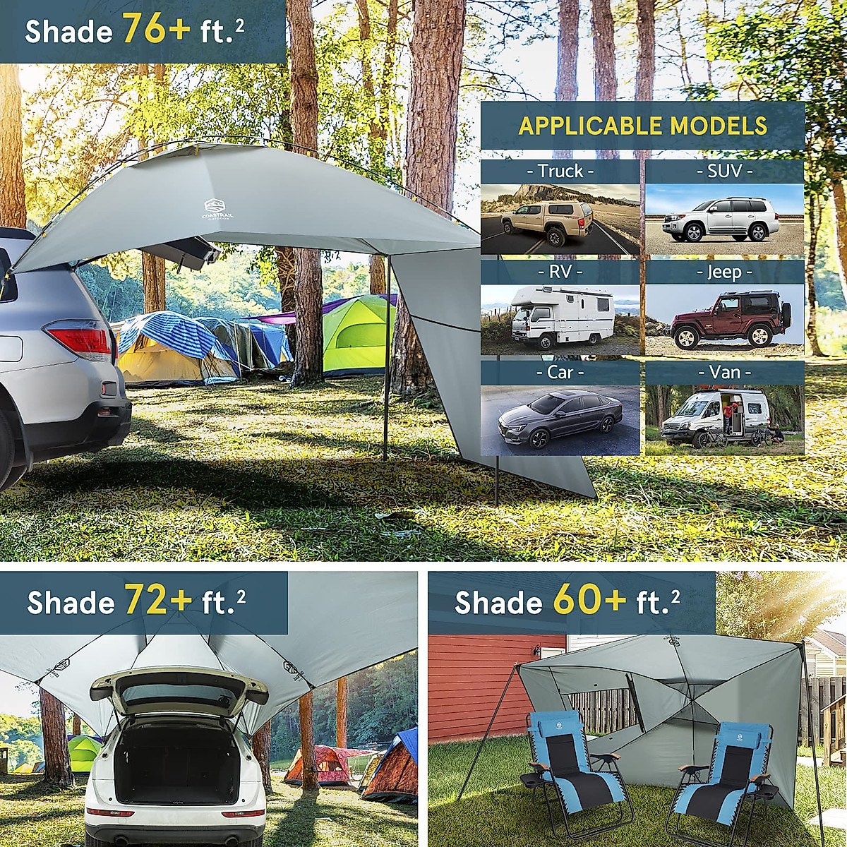 Coastrail Outdoor Car Canopy Sun Shade with Side-Wall, SUV Awning Car Rear Tent Portable Camping Shelter for Tent Campers, Sun Shelter Attach to Truck Van RV Jeep,Grey,Extra Large