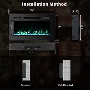 36 inch Electric Fireplace Wall Mounted, Led Fireplace, Wall Fireplace Electric with Remote Control, Electric Fireplace Inserts, Adjustable Flame Colors and Speed