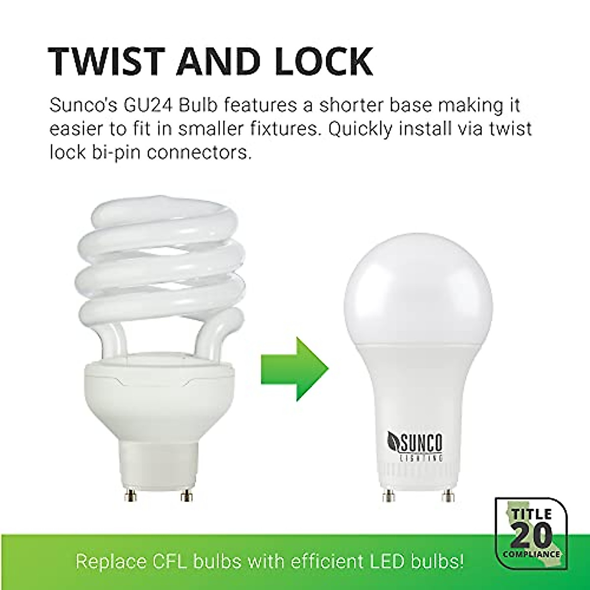 Sunco 6 Pack GU24 LED Light Bulbs 2 Prong A19, CRI91 5000K Daylight, 9W Equivalent 60W, CFL Replacement 800 Lumen, Super Bright Dimmable Twist & Lock GU24 Pin Base with 2 Prongs Instant On UL