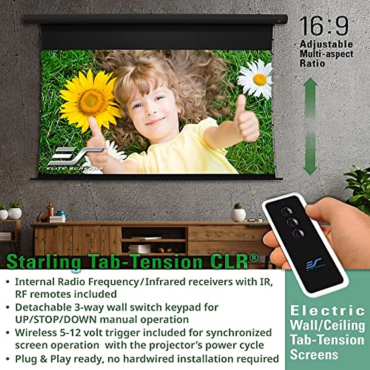 Elite Screens Starling Tab-Tension CLR, 101" Diag. 16:9, Ultra-Short Throw Ceiling Ambient Light Rejecting (CLR/ALR) Electric Wall/Ceiling Retractable Projector Screen, Black Casing, STT101UH-CLR