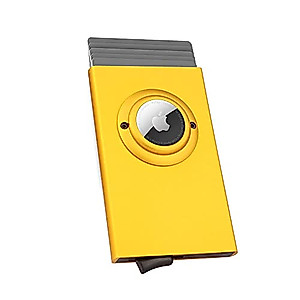 AirTag Card Holder Wallet with AirTag Holder, Pop Up Wallet RFID Blocking Slim Metal Bank Credit Card Case Holds 5 Cards (Yellow)