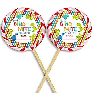 Dino-Mite Dinosaur Valentine Party Favor Sticker Labels for Boys, 40 2" Party Circle Stickers by AmandaCreation, Great for Classroom Valentines, Envelope Seals, Gifts & Treats