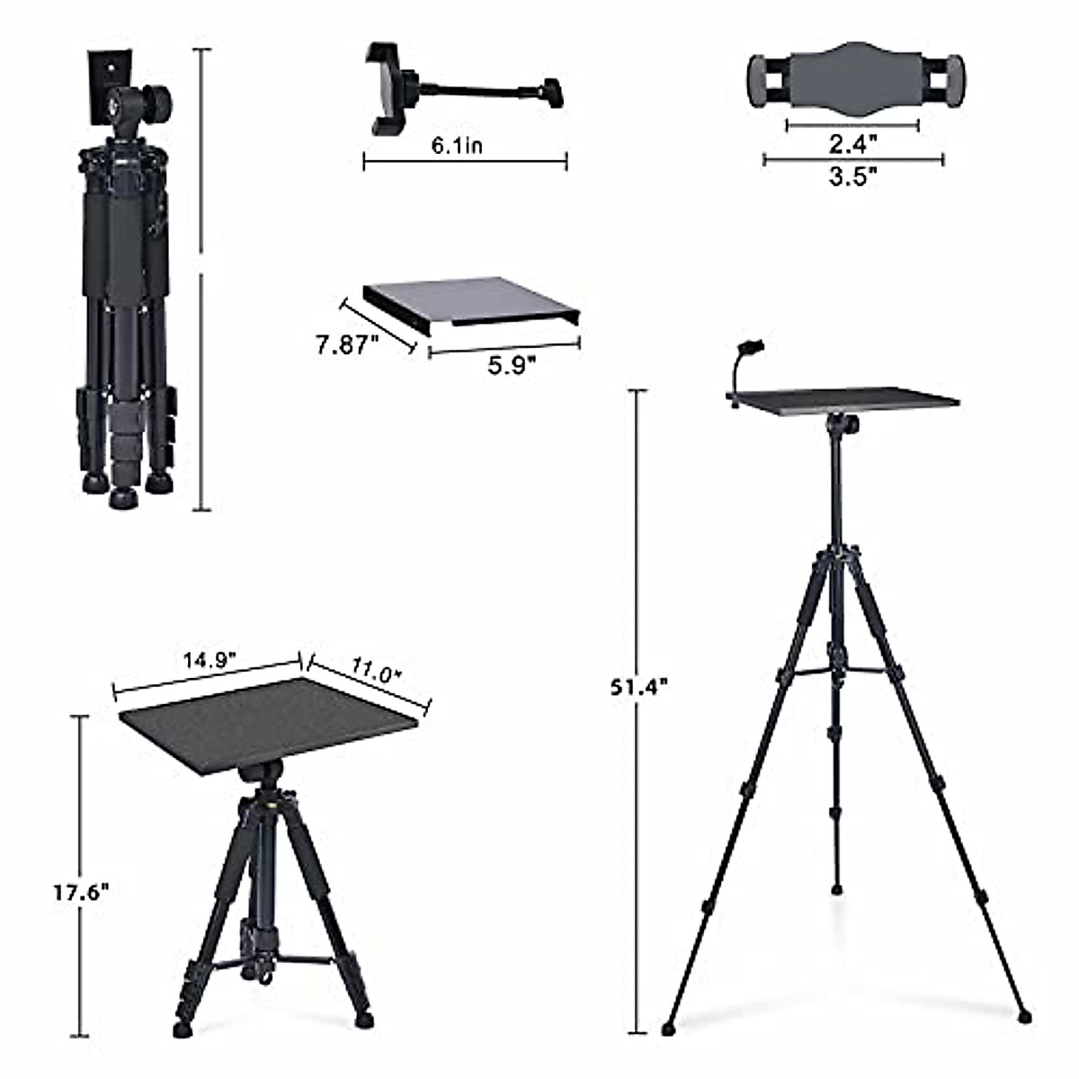 Klvied Universal Projector Tripod Stand - Laptop Tripod Stand with Removable Mouse Tray and Gooseneck Phone Holder, Laptop Floor Stand Adjustable 17.6 to 51.4 Inch, Projector Stand for Stage, Studio
